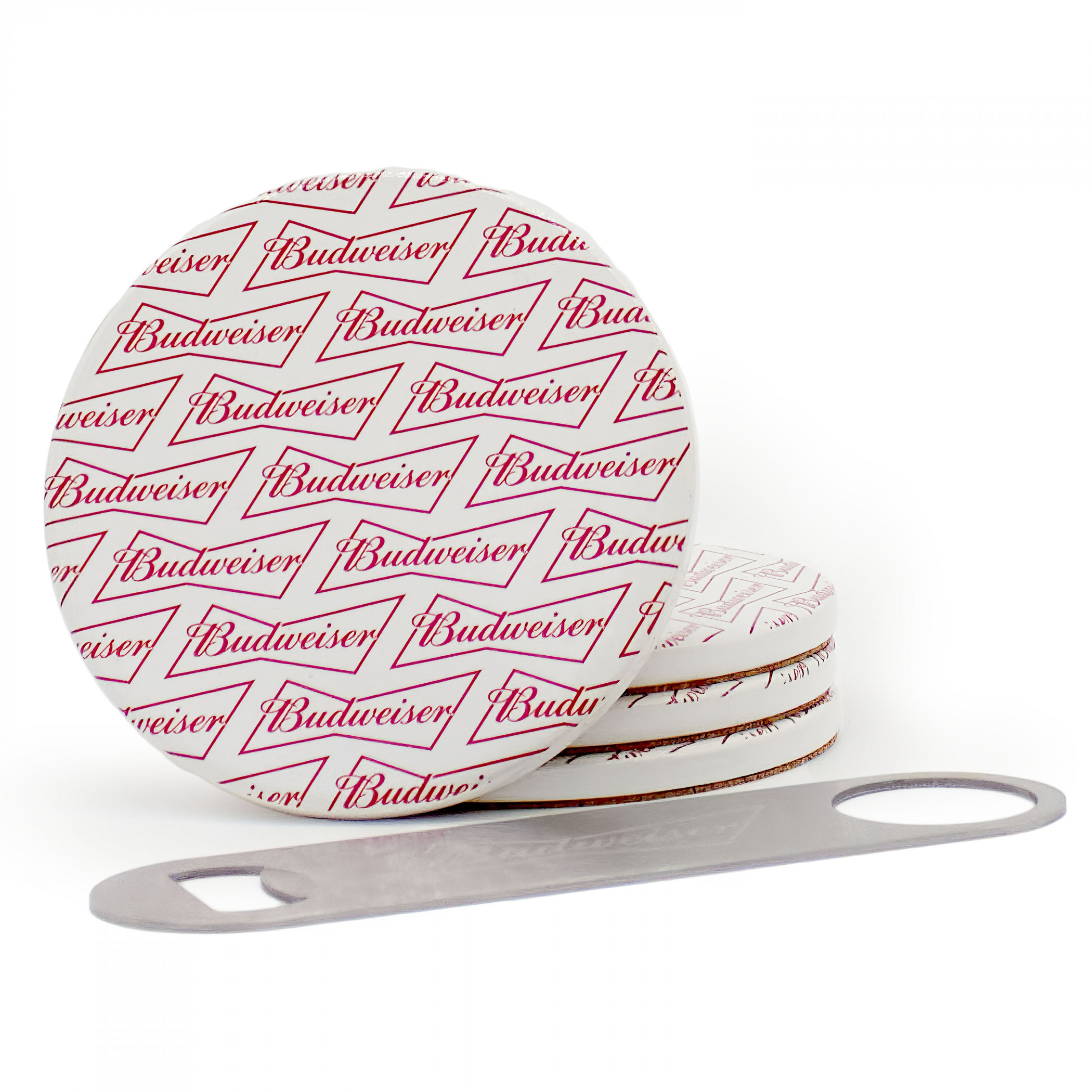 Budweiser 4pc Coaster Set with Bottle Opener